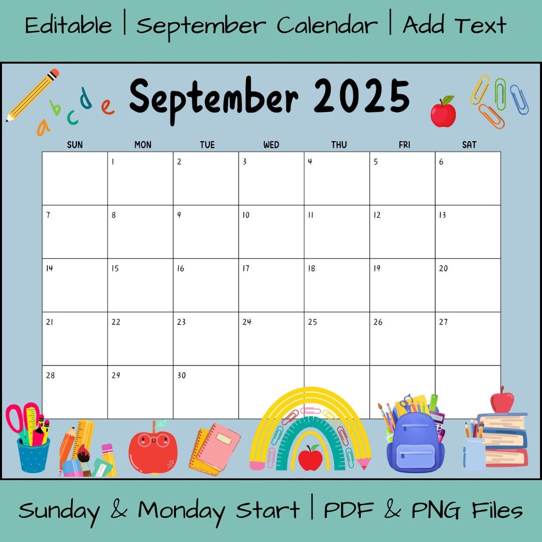 Editable September 2025 Calendar, Printable Fillable Digital Download ...