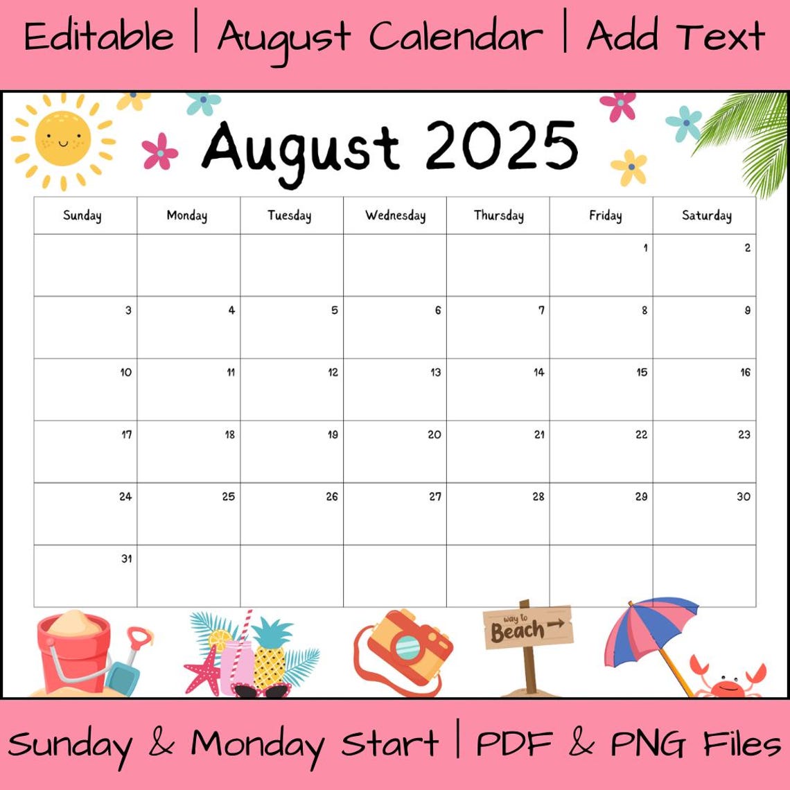Editable August 2025 Calendar, Printable Fillable Digital Download ...