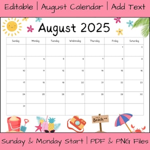 Editable August 2025 Calendar, Printable Fillable Digital Download ...