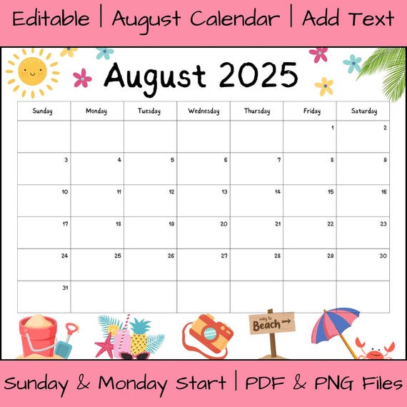 Editable August 2025 Calendar Printable Fillable Digital Download Wall Organizer Cute Beach Theme School Activity Work Planner Etsy