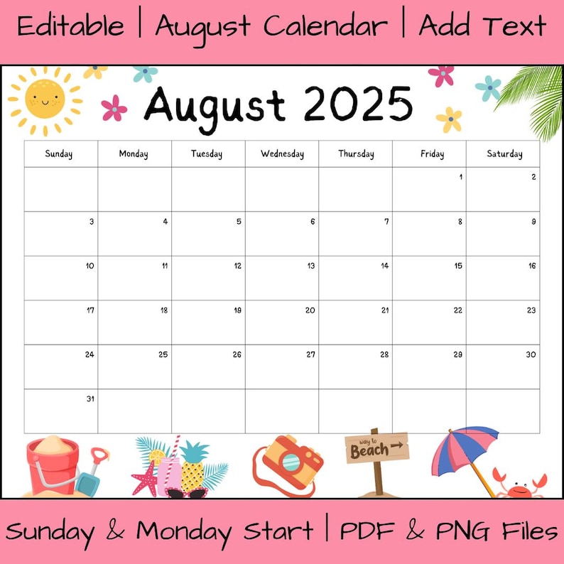 Editable August 2025 Calendar, Printable Fillable Digital Download ...