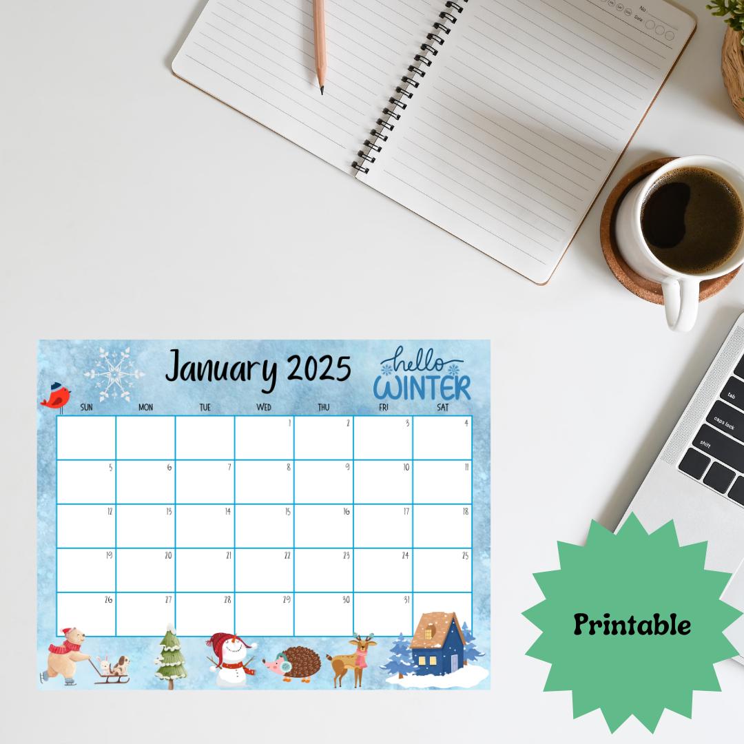 Editable January 2025 Calendar PDF Template, Winter 2025 Digital ...