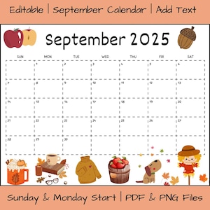 Editable September 2025 Calendar, Printable Fillable Digital Download ...