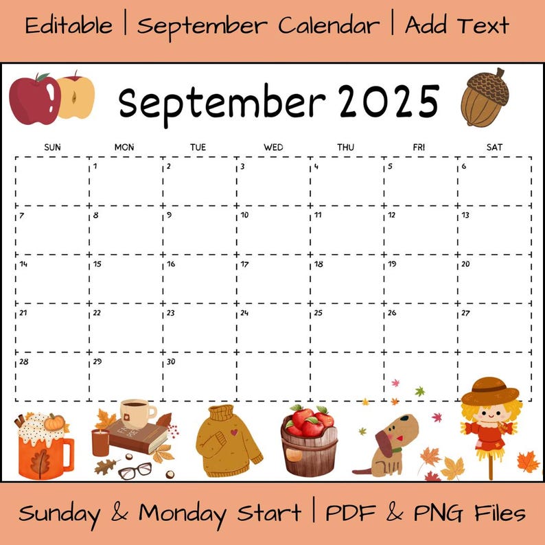 Editable September 2025 Calendar, Printable Fillable Digital Download ...