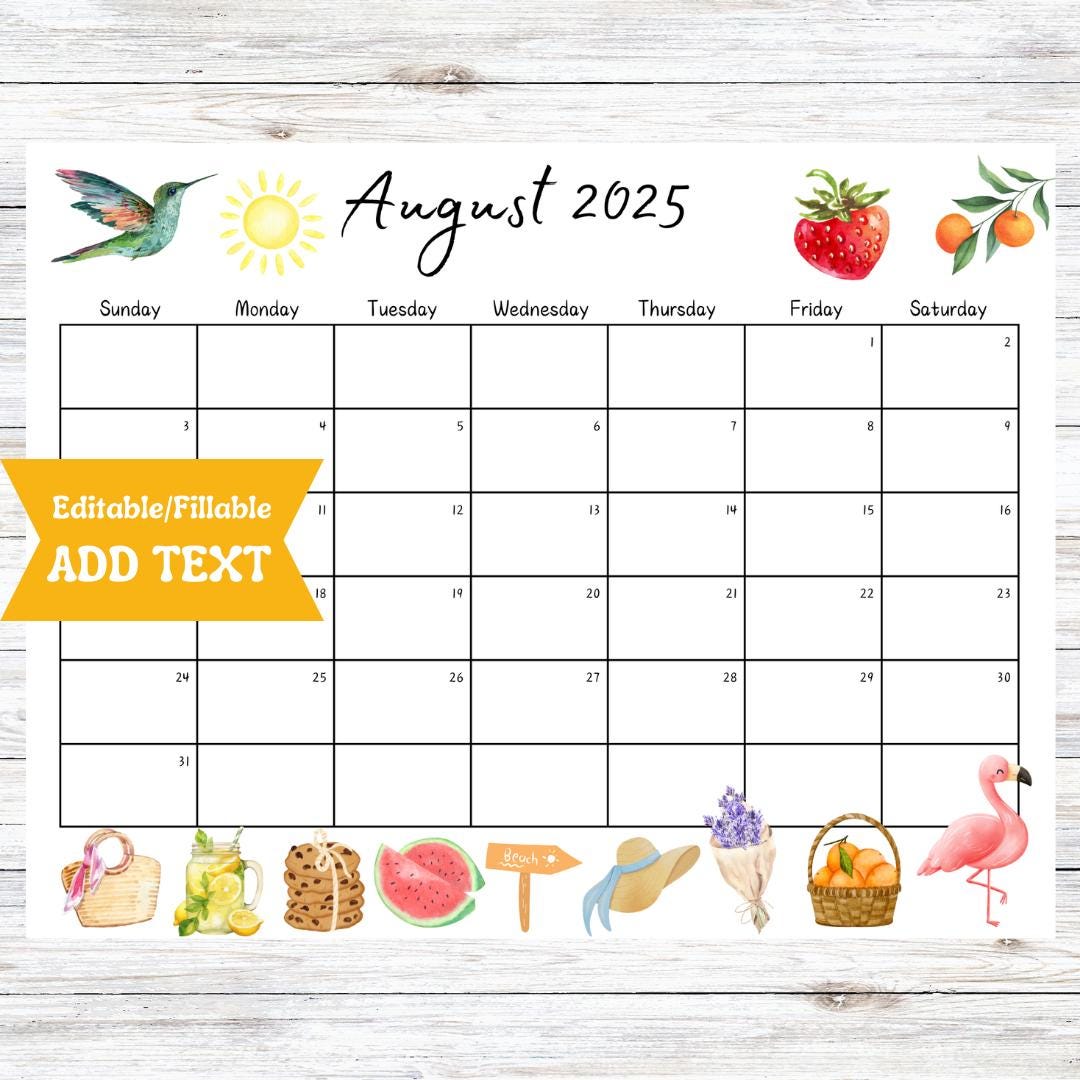 Editable August 2025 Calendar, Printable Fillable Digital Download ...