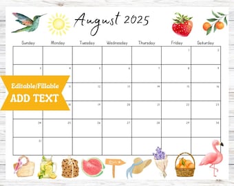 Editable August 2025 Calendar, Printable Fillable Digital Download ...