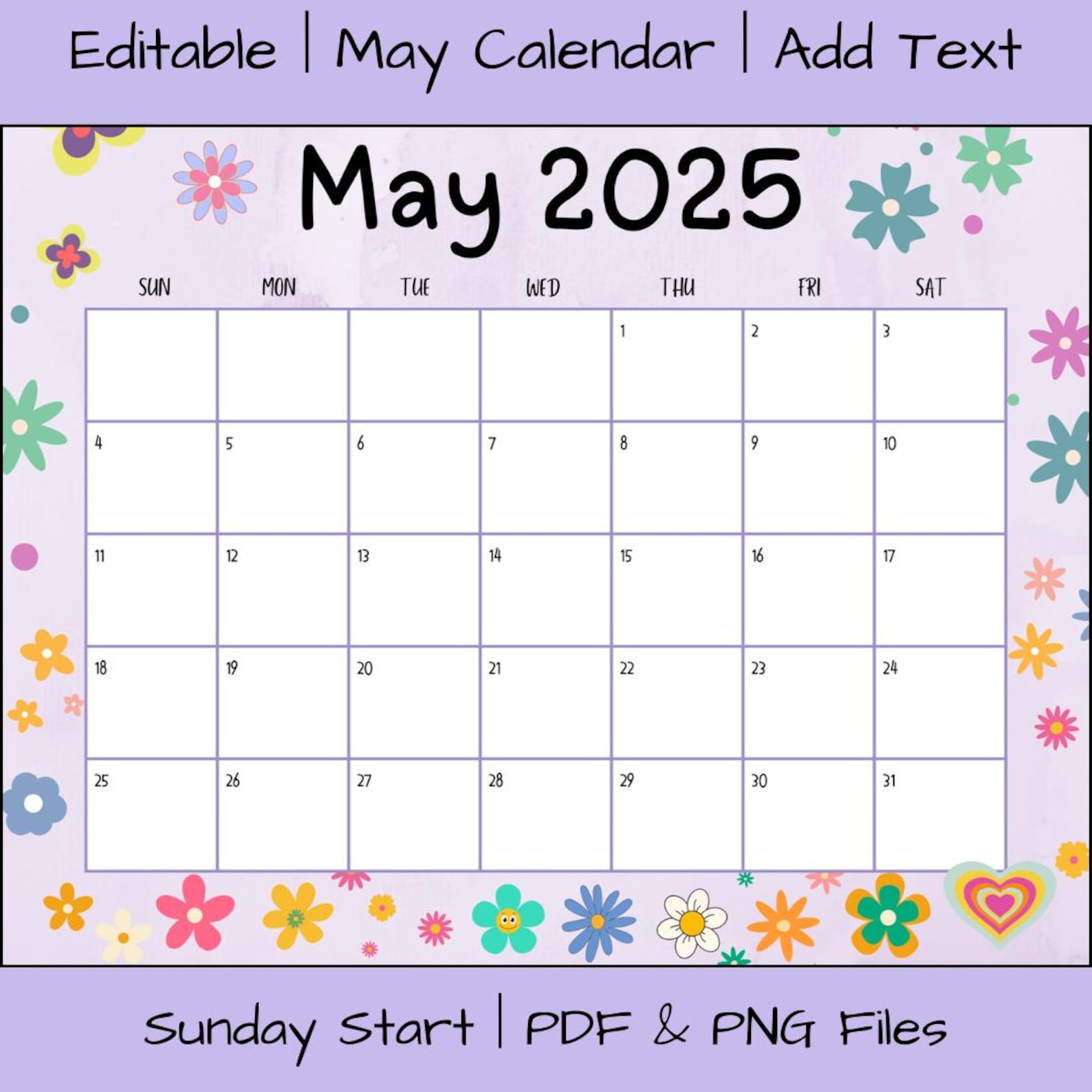 EDITABLE May 2025 Calendar, Printable Wall Calendar, Digital Download ...