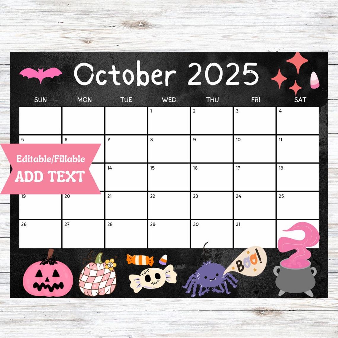 Editable October 2025 Calendar, Printable Fillable Digital Download ...