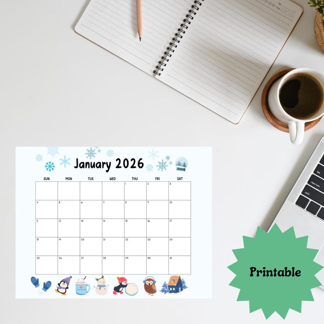 Editable January 2026 Calendar PDF Template, Winter 2026 Digital ...