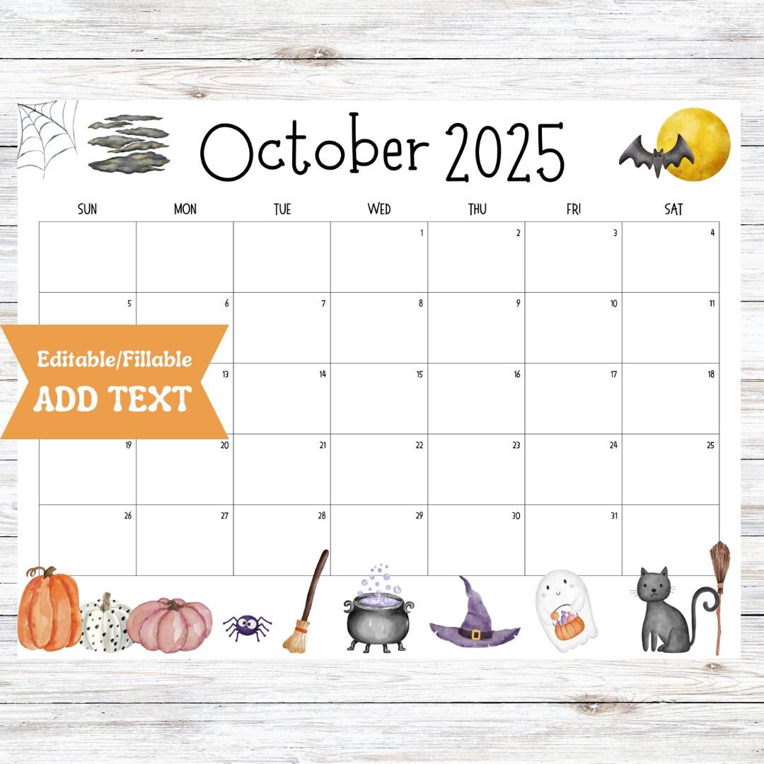 Editable October 2025 Calendar, Printable Fillable Digital Download ...