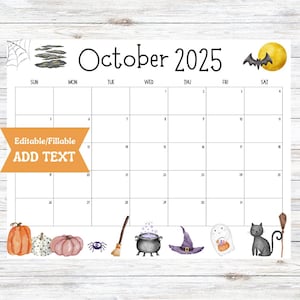 Editable October 2025 Calendar, Printable Fillable Digital Download ...