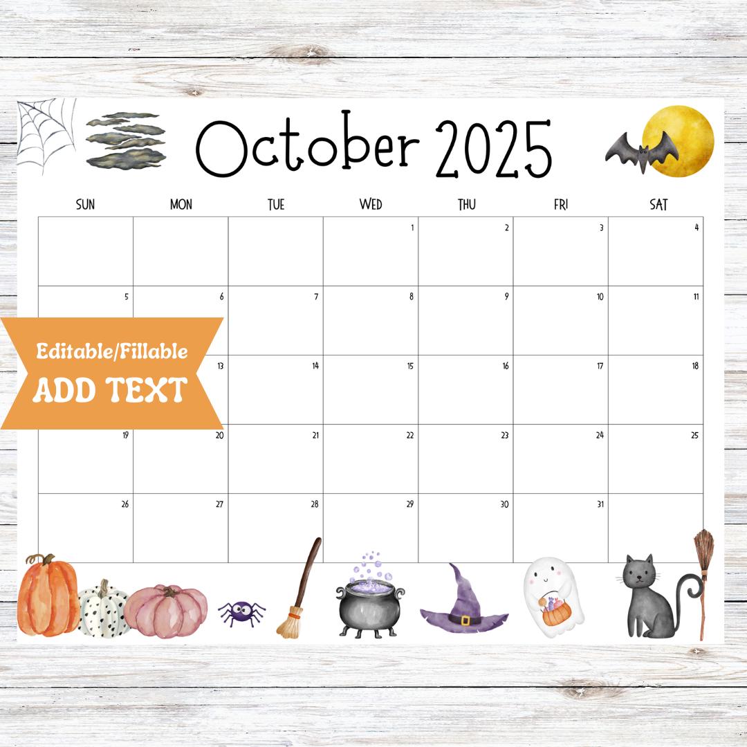 Editable October 2025 Calendar, Printable Fillable Digital Download ...