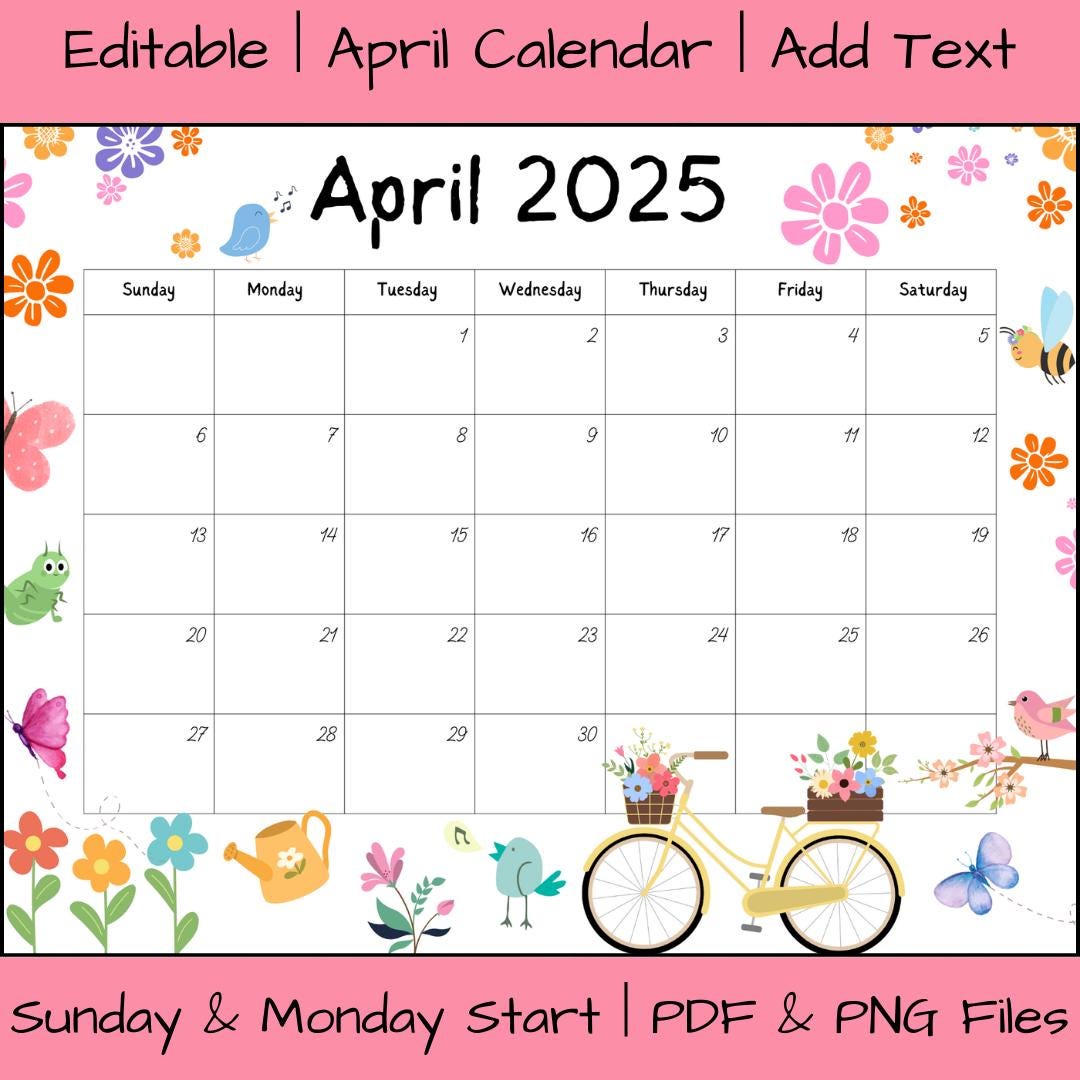 Editable April 2025 Calendar, Fillable Printable Planner, Classroom ...
