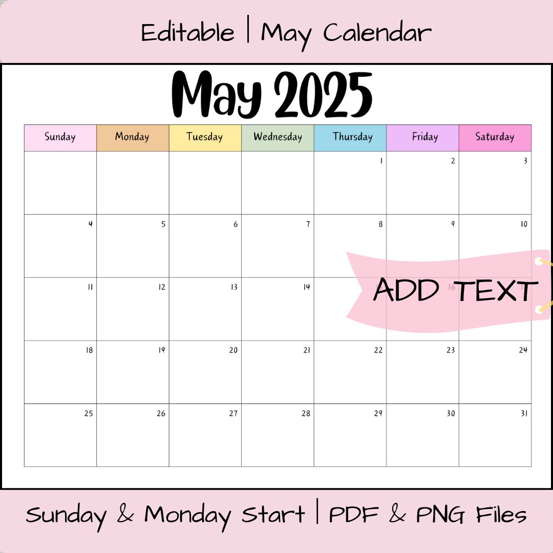 Editable May 2025 Calendar Printable Activity Planner, Rainbow ...