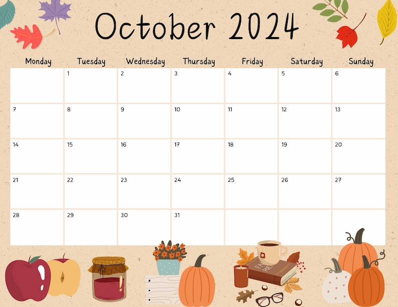 Editable October 2024 Calendar, Fall Autumn 2024 Digital Download ...