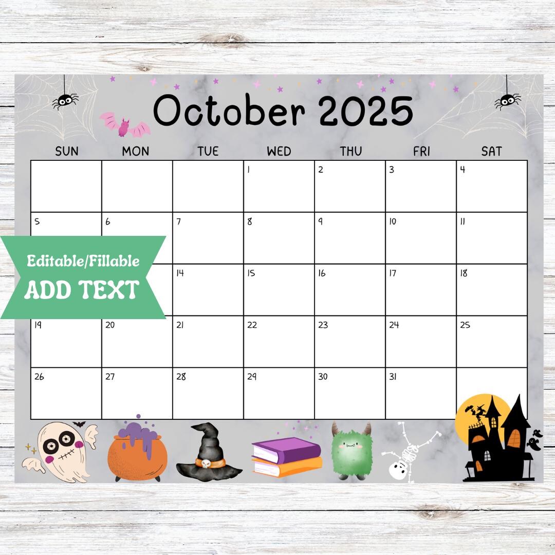 Editable October 2025 Calendar, Spooky Halloween Digital Download ...