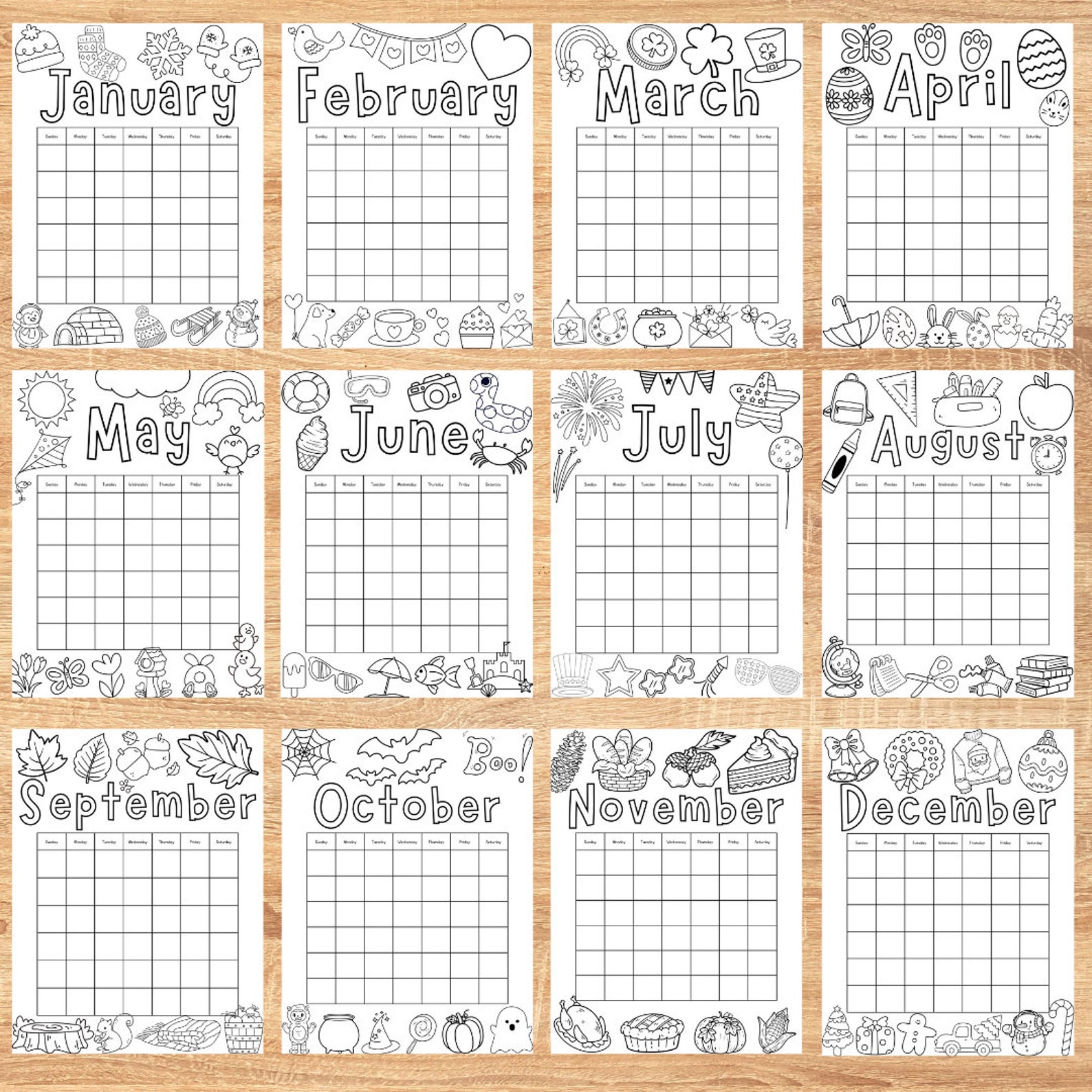 Printable Kids Coloring Calendar, Undated 12 Monthly Calendar ...