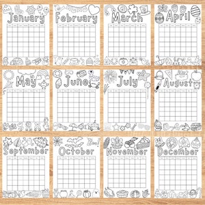 Printable Kids Coloring Calendar, Undated 12 Monthly Calendar ...