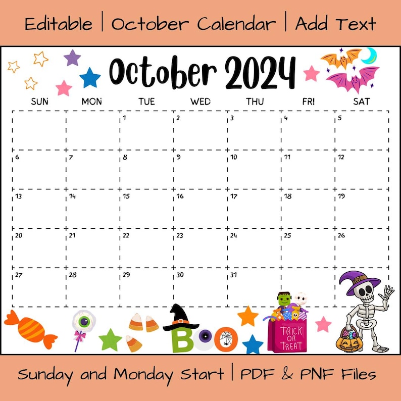 Editable October 2024 Calendar, Halloween Candy 2024 Digital Download ...