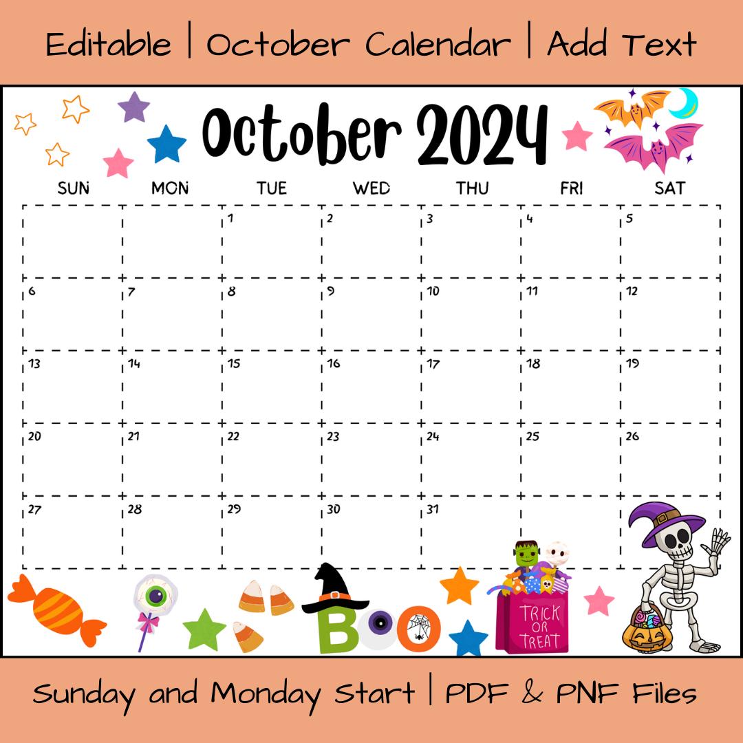 Editable October 2024 Calendar, Halloween Candy 2024 Digital Download ...