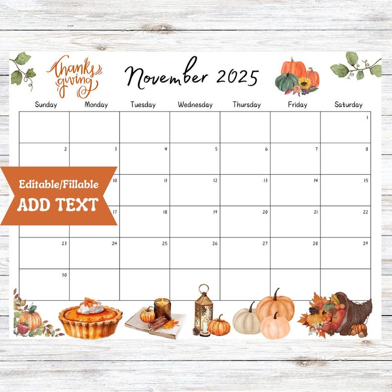 Editable November 2025 Calendar, Printable Fillable Digital Download ...