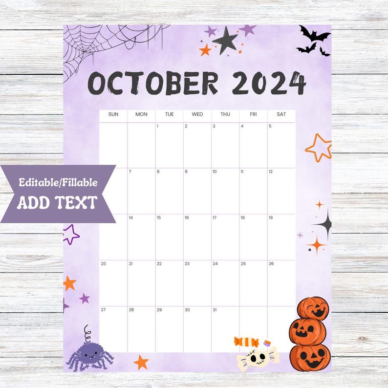 Editable October 2024 Calendar, Halloween Spooky 2024 Digital Download ...