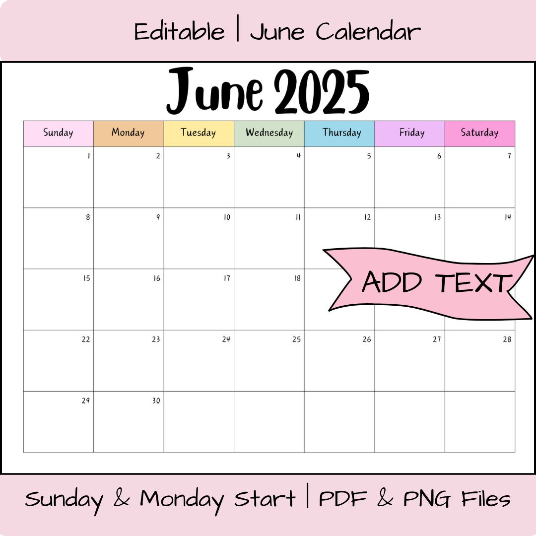 Editable June 2025 Calendar Printable Activity Planner, Rainbow ...