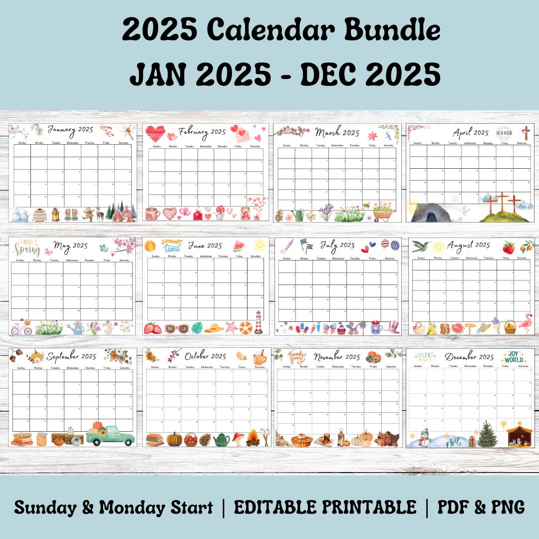 Editable 2025 Yearly Calendar Bundle, Printable Fillable Christian ...