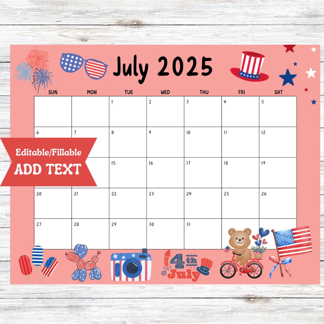 Editable July 2025 Calendar, Fillable Printable Planner Digital ...