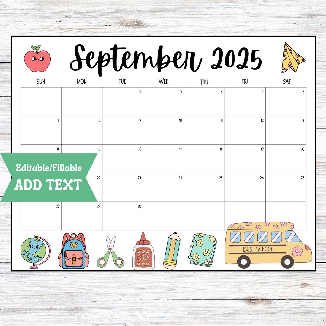 Editable September 2025 Calendar, Fillable Printable Digital Download ...