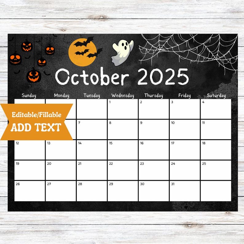 Editable October 2025 Calendar, Printable Fillable Digital Download ...