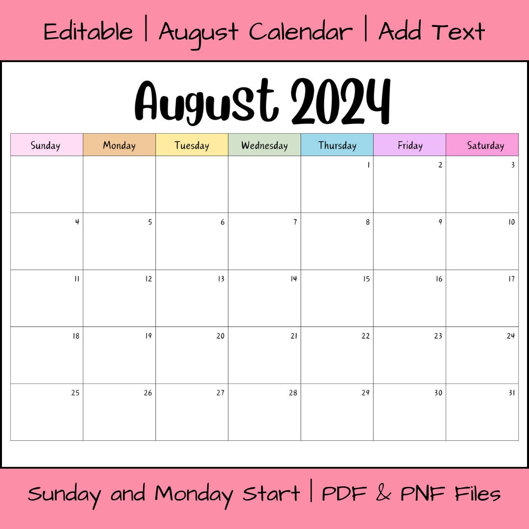 Calendario editable de agosto de 2024, Calendario de agosto imprimible ...