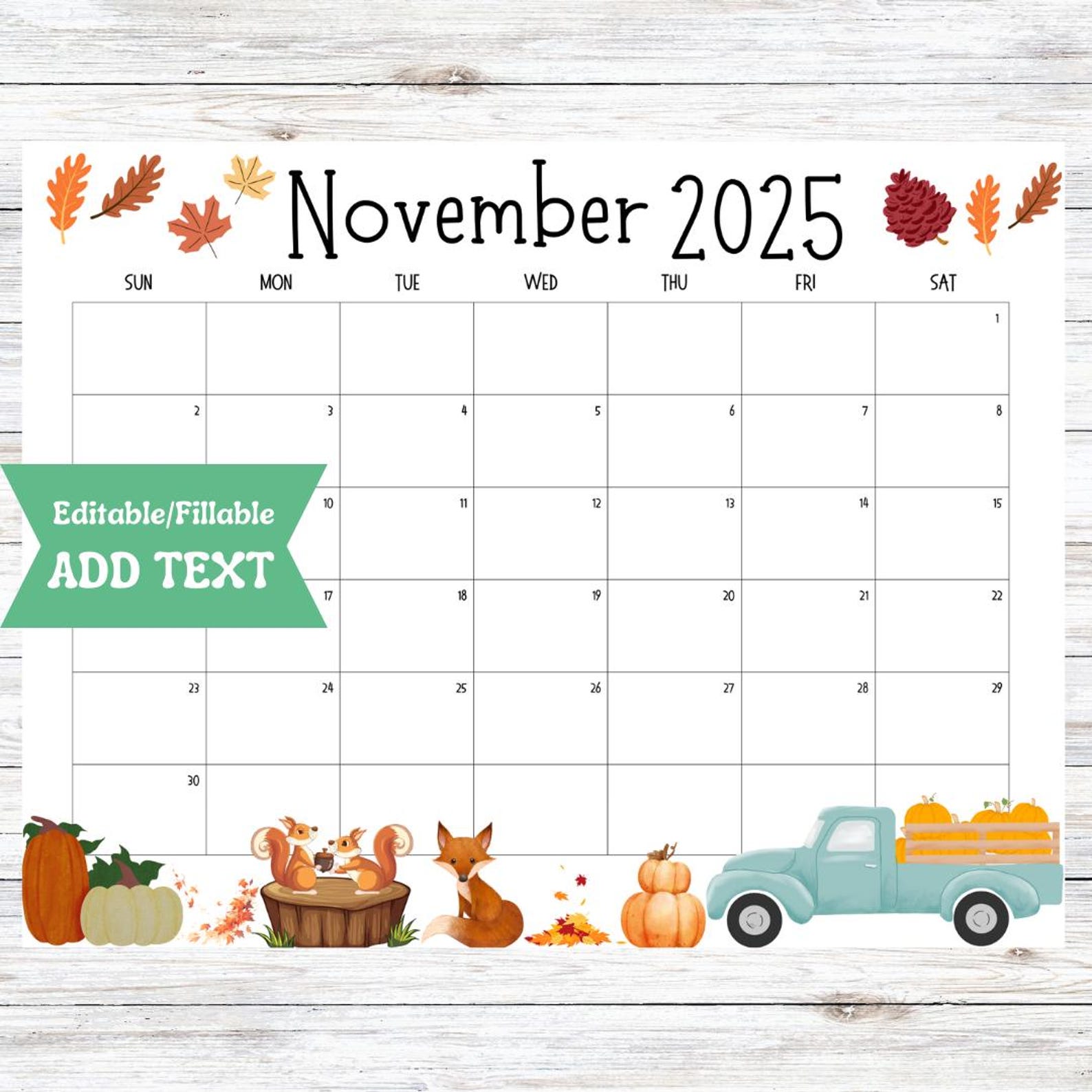 Editable November 2025 Calendar, Fillable Printable Digital Download ...