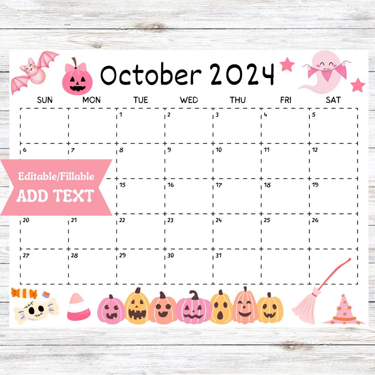 Editable October 2024 Calendar, Cute Halloween Pumpkin, Printable ...