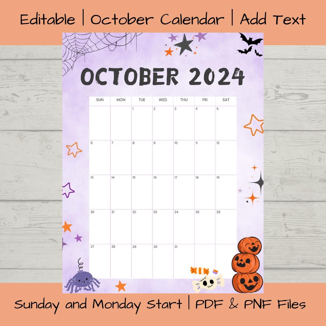 Editable October 2024 Calendar, Spooky 2024 Digital Download, Printable ...
