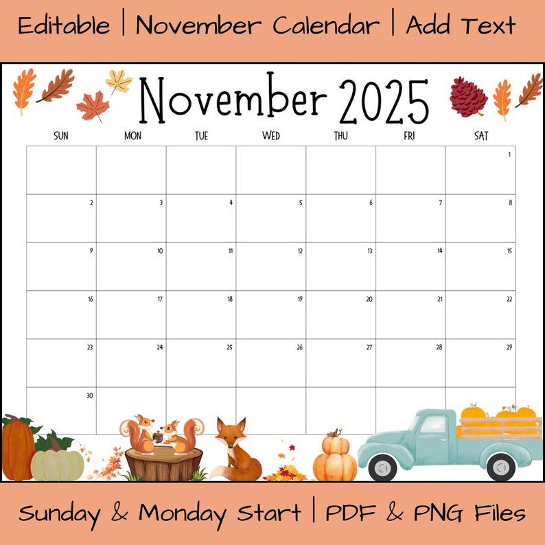 Editable November 2025 Calendar, Fillable Printable Digital Download ...