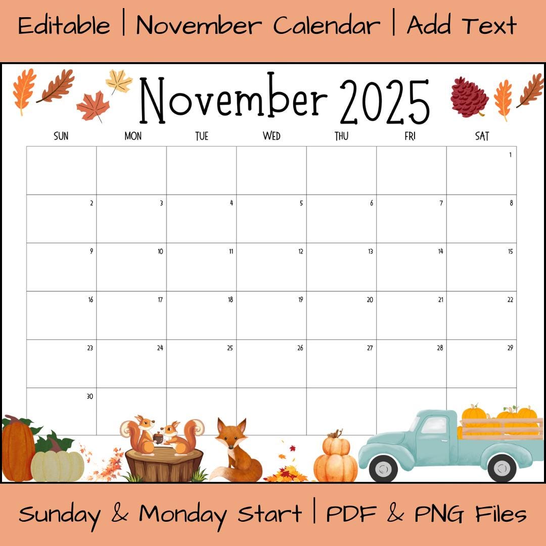 Editable November 2025 Calendar, Fillable Printable Digital Download ...