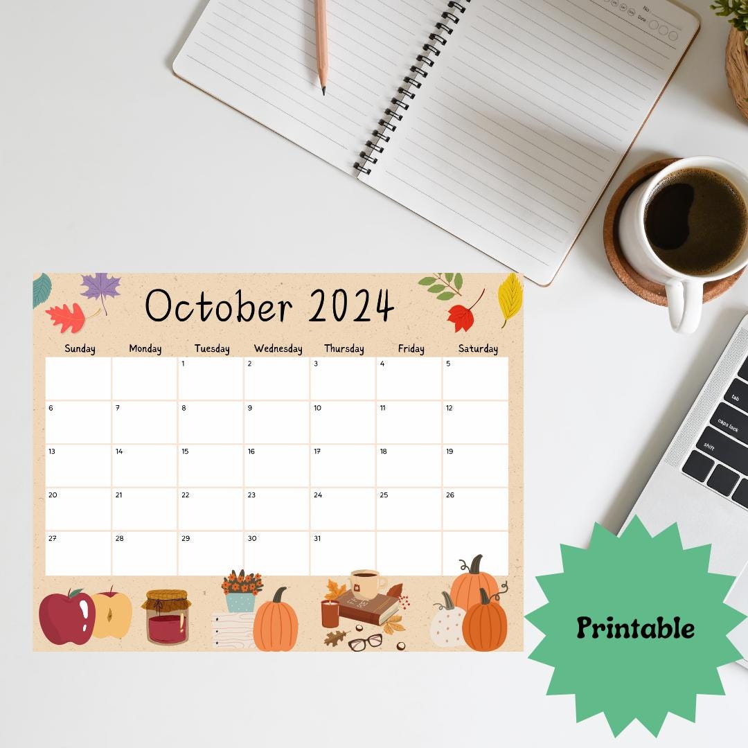 Editable October 2024 Calendar, Fall Autumn 2024 Digital Download ...