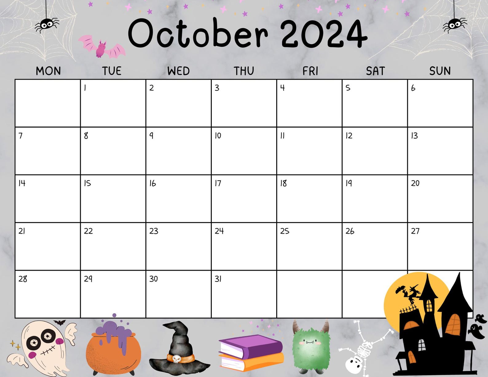 Editable October 2024 Calendar, Spooky Halloween Digital Download ...