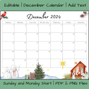 Editable December 2024 Calendar Printable, Activity Planner, Classroom ...