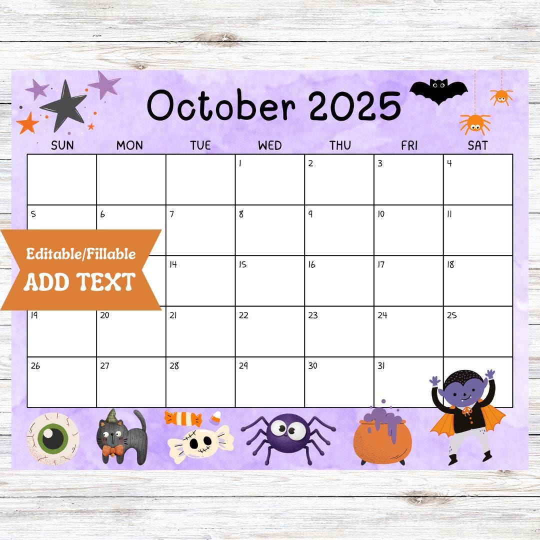 Editable October 2025 Calendar, Halloween Spooky Digital Download ...