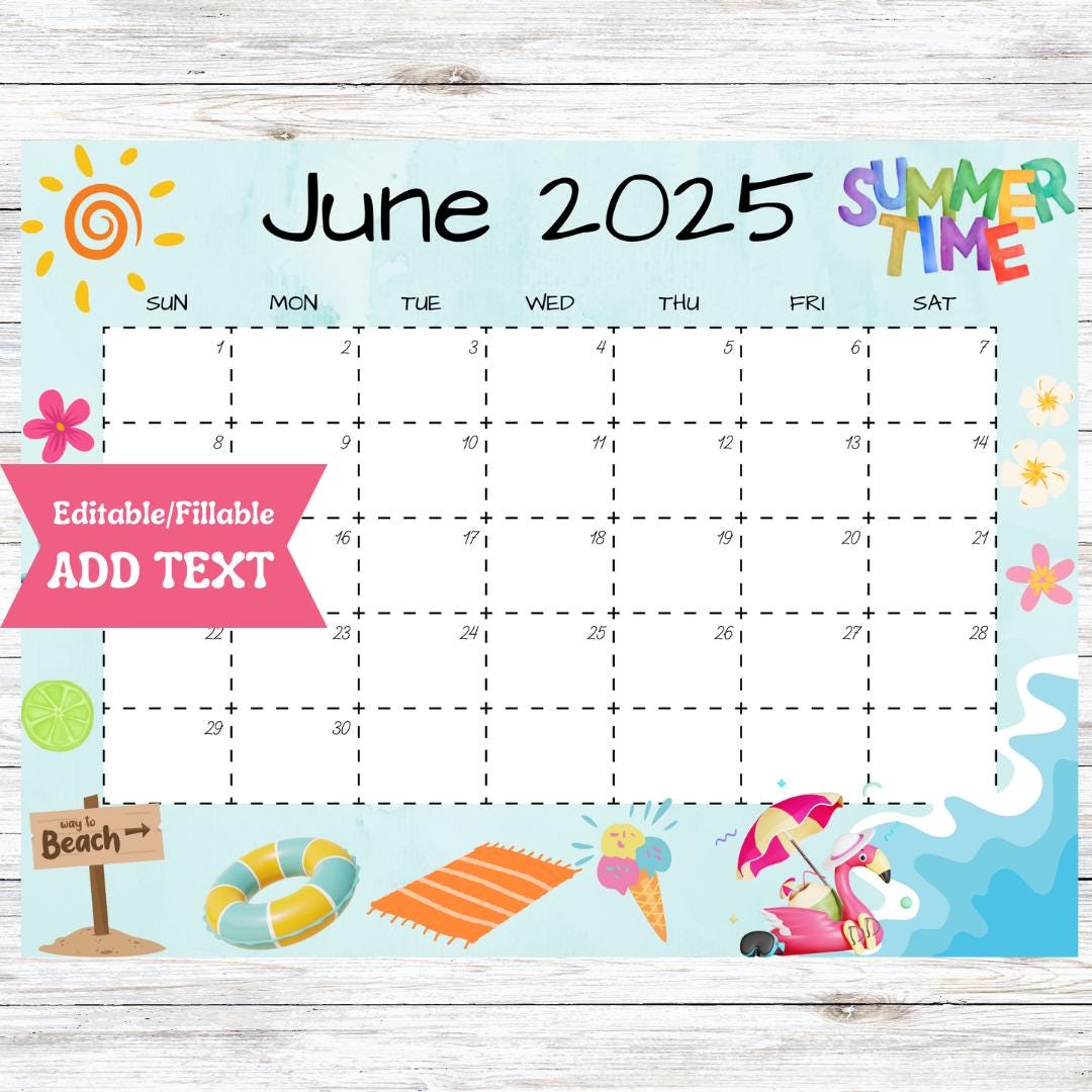 Editable June 2025 Calendar, Fillable Printable Wall Digital Download ...