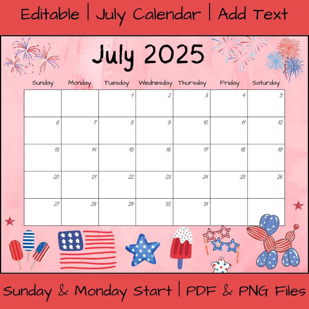 Editable July 2025 Calendar, Fillable Printable Planner Digital ...