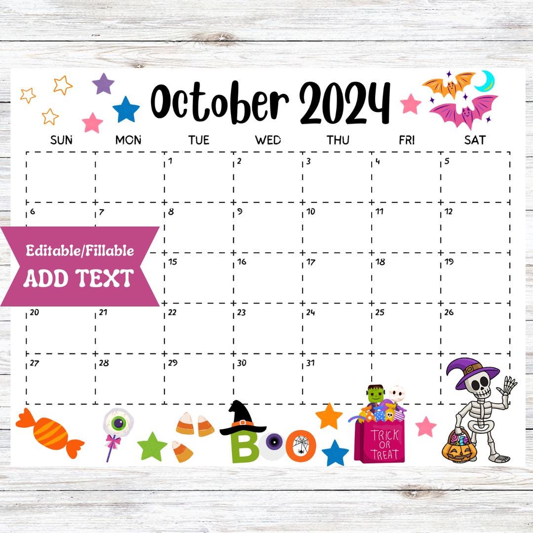 Editable October 2024 Calendar, Halloween Candy 2024 Digital Download ...