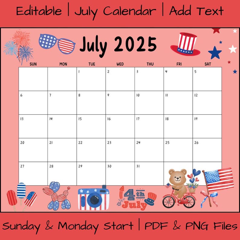 Editable July 2025 Calendar, Fillable Printable Planner Digital ...