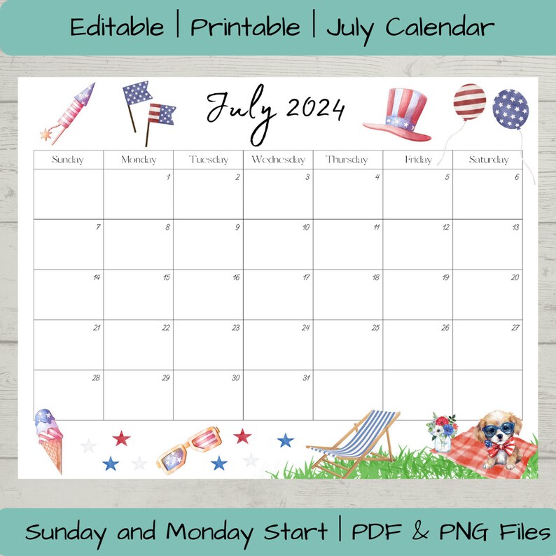 Editable July 2024 Calendar PDF and PNG Template, Printable July ...