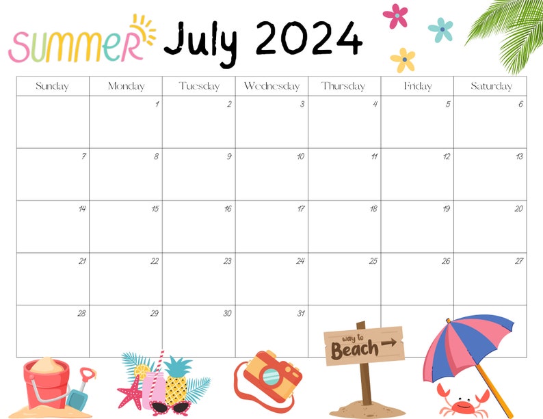 Editable July 2024 Calendar PDF and PNG Template, Printable July ...