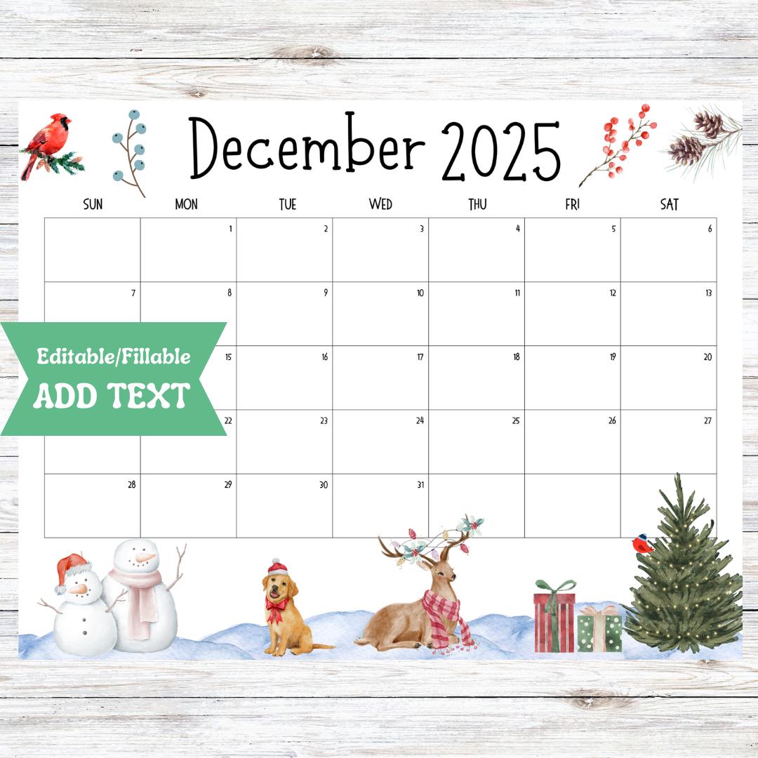 Editable December 2025 Calendar, Christmas Countdown, Fillable ...