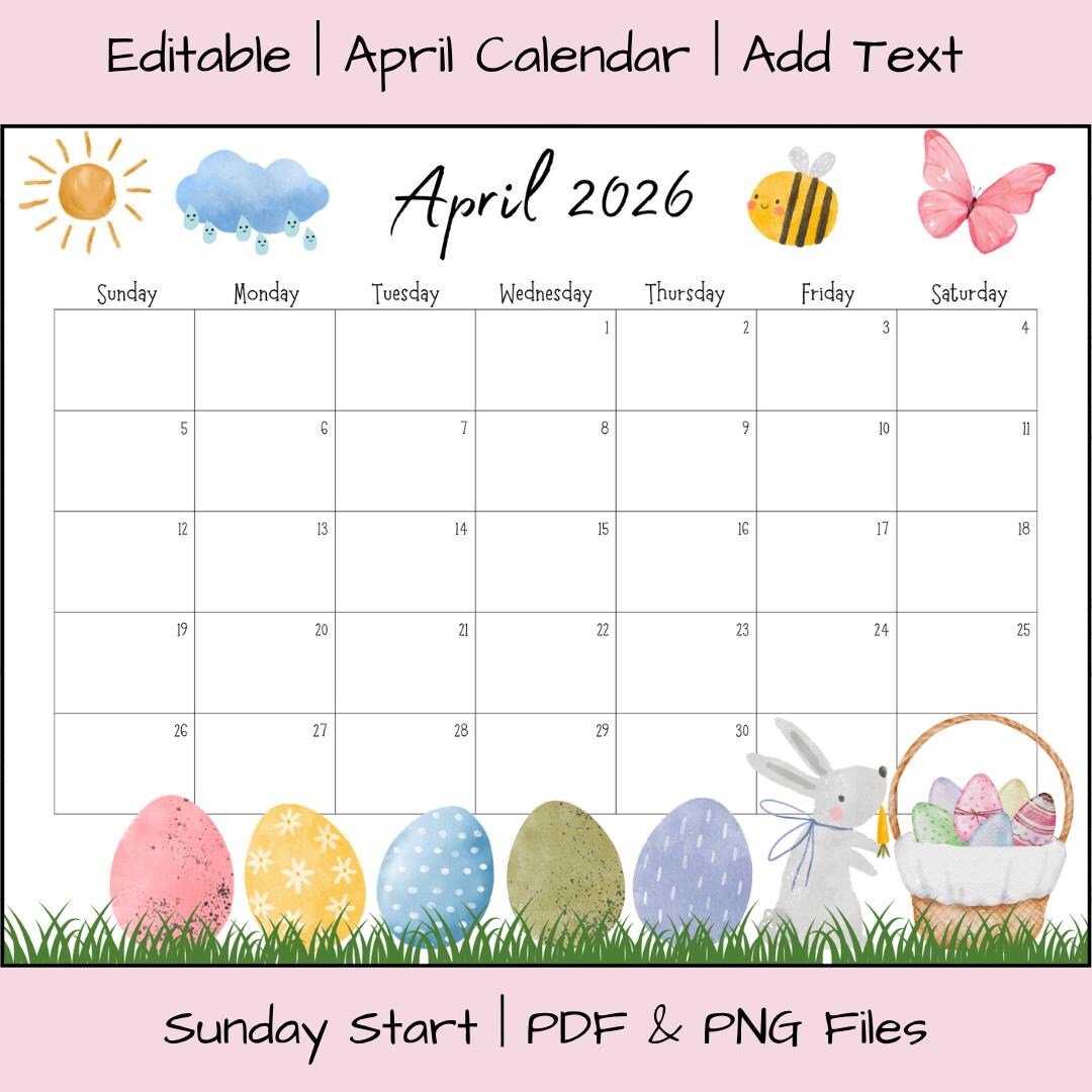 EDITABLE April 2026 Calendar, Easter Calendar, Activity Planner ...