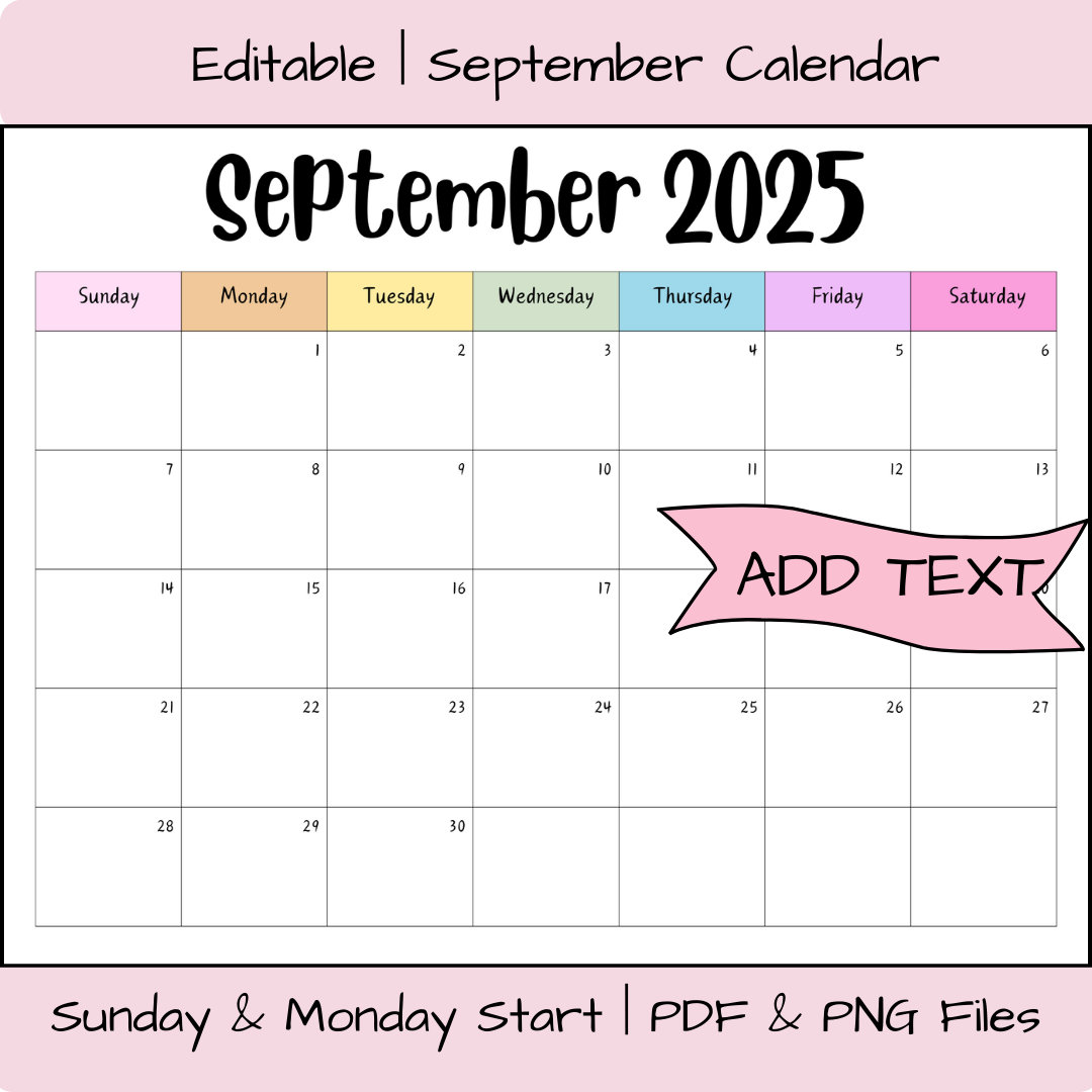 Editable September 2025 Calendar, Printable Digital Download, Wall ...